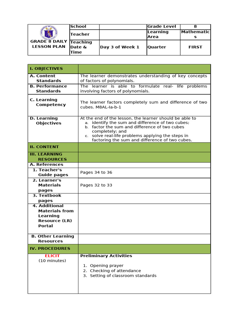 Grade 8-Q1-W1-D3 (Nylqa) | PDF | Factorization | Learning