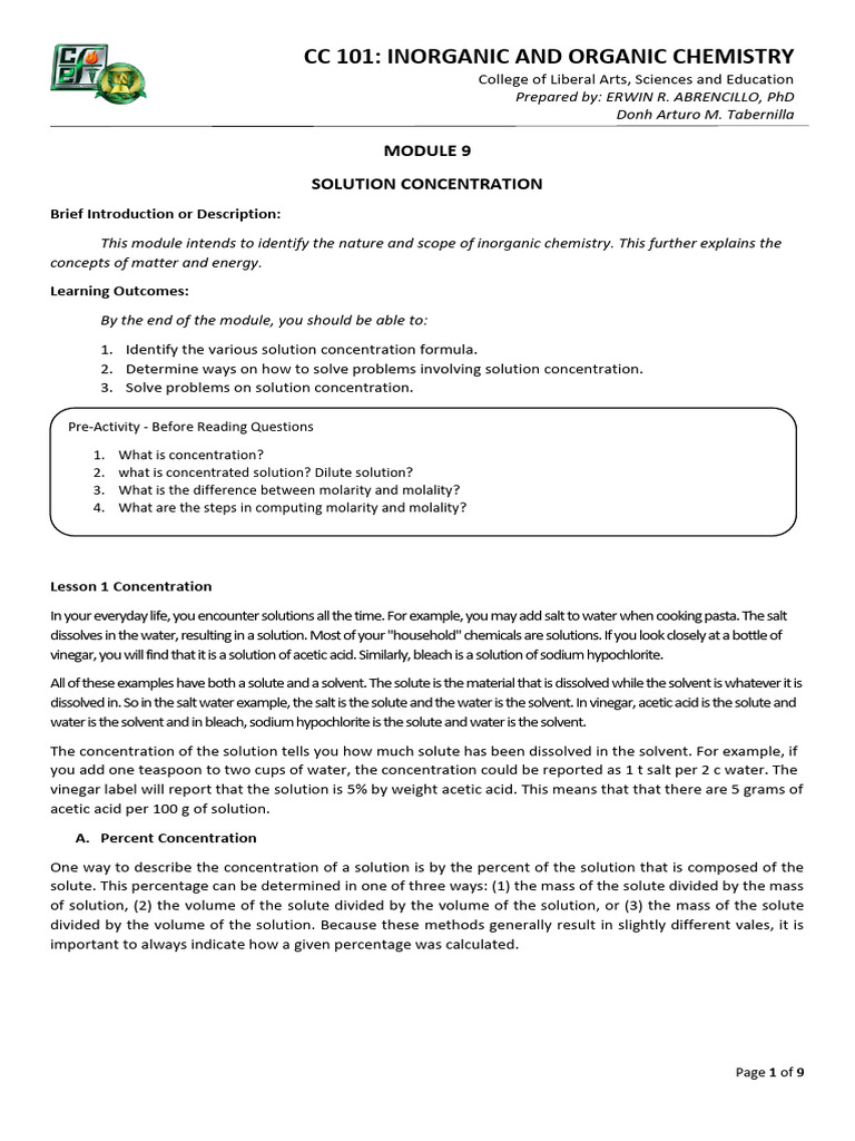 Eu9h9wt17 - CC 101 MODULE 9 Solution Concentration | PDF | Mole (Unit) | Concentration