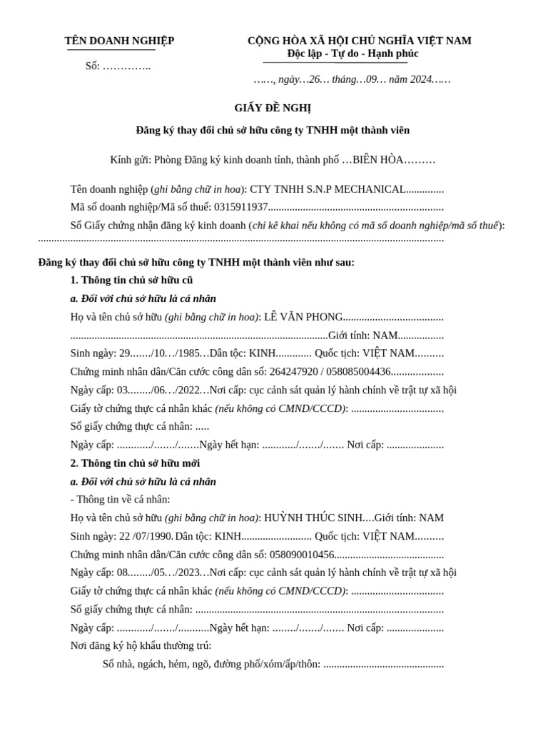 Mau Giay de Nghi Dang Ky Thay Doi Chu So Huu Cong Ty TNHH Mot Thanh Vien | PDF