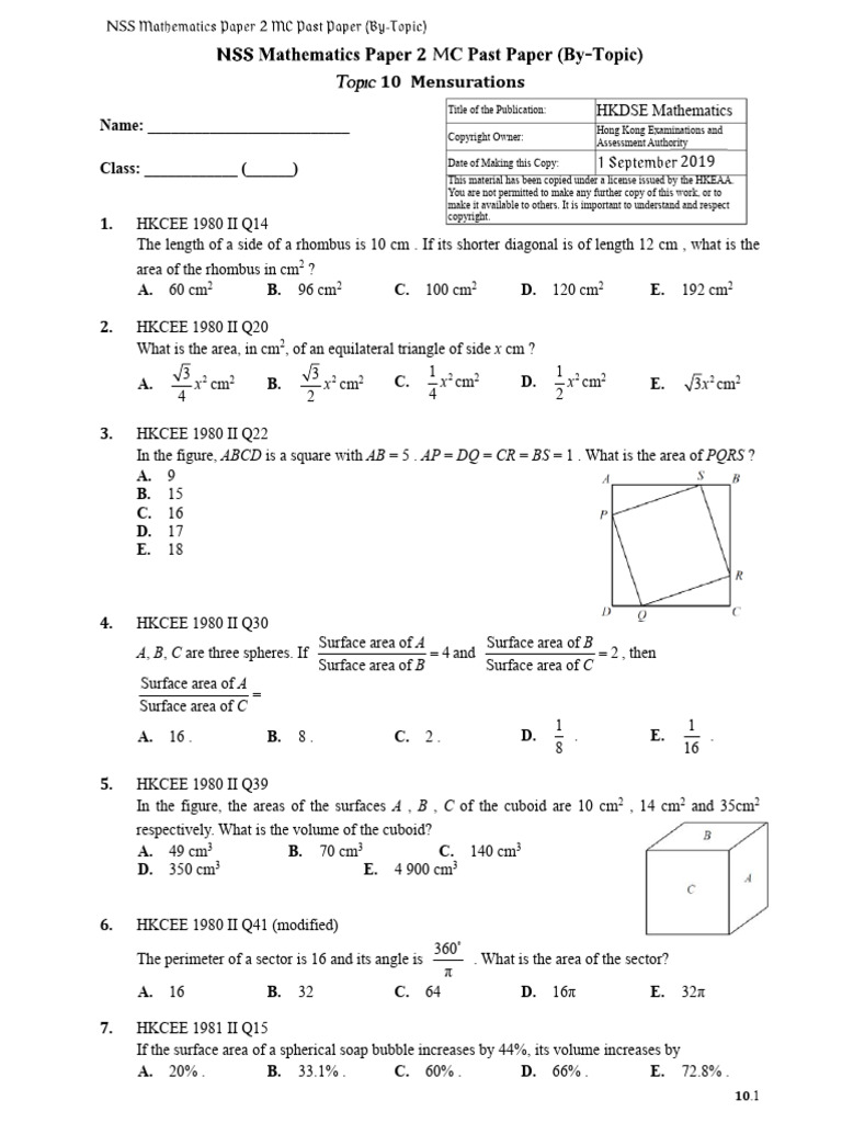 10 Mensurations (MC) | PDF | Area | Sphere