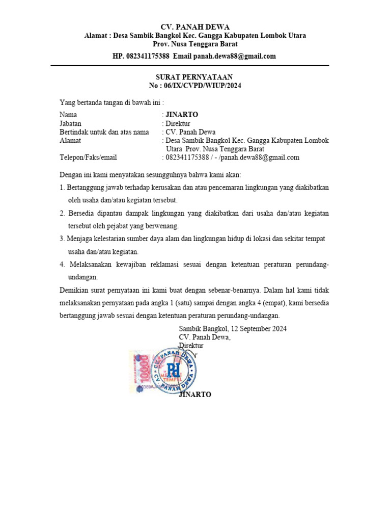 13 Surat Pernyataan Akan Mematuhi Ketentuan Peraturan Perundang-Undangan CV Panah Dewa | PDF