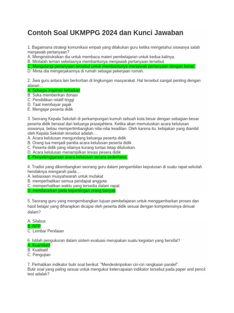 Contoh Soal UKMPPG 2024 Dan Kunci Jawaban | PDF