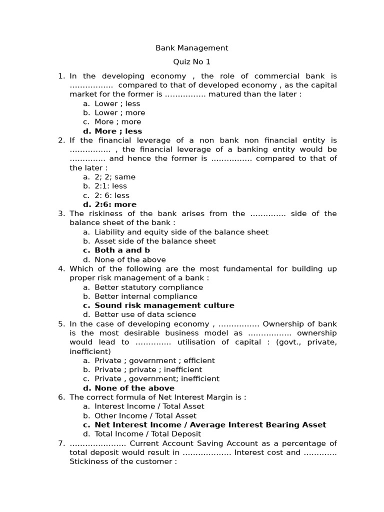 Quiz 1 Bank Management | PDF | Banks | Balance Sheet