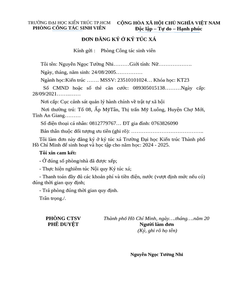 ĐƠN XIN Ở KTX (đã duyệt) | PDF