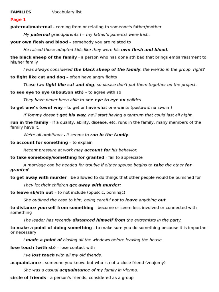 FAMILIES Vocabulary List | PDF
