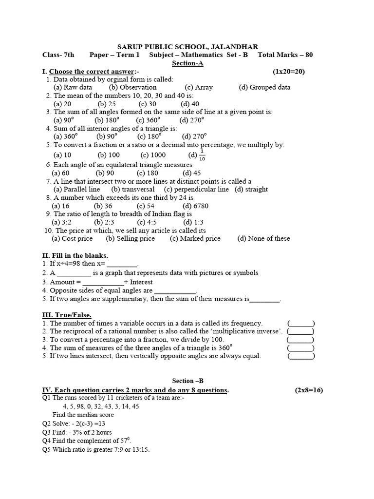 7TH CLASS SET B | PDF | Triangle | Numbers