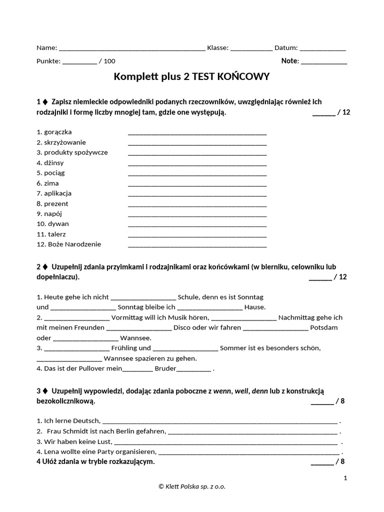 Komplett Plus 2 Test Końcowy | PDF