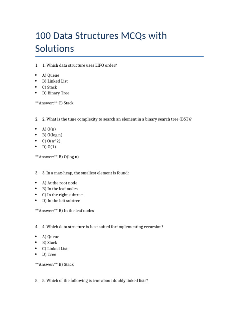 Data Structures MCQs With Solutions | PDF
