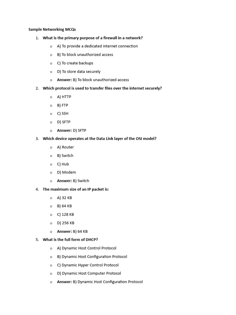 Networking MCQs with Answers | PDF | Internet Protocol Suite | Network ...