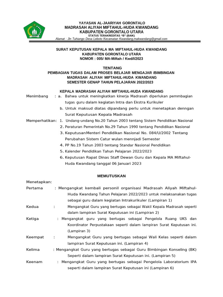 SK Pembagian Tugas Genap 2023 | PDF