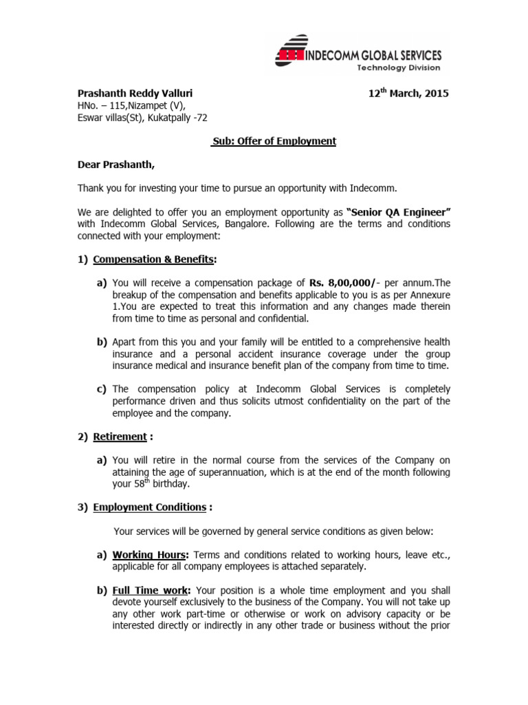 Indecomm Job Offer for Prashanth Valluri | PDF | Employment ...