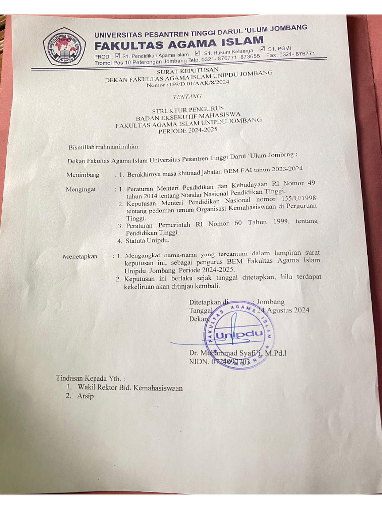 SK Kepengurusan DPM Fai Periode 2024-2027 | PDF