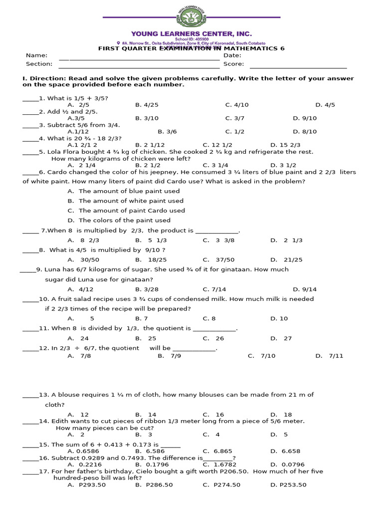Grade 6 Math First Quarter Exam | PDF | Division (Mathematics) | Numbers