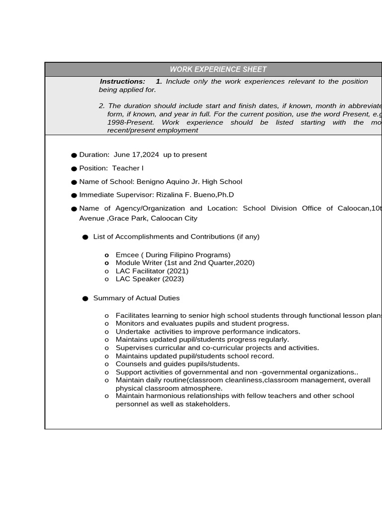 2) CS Form No. 212 Work Experience Sheet | PDF | Social Science | Wellness