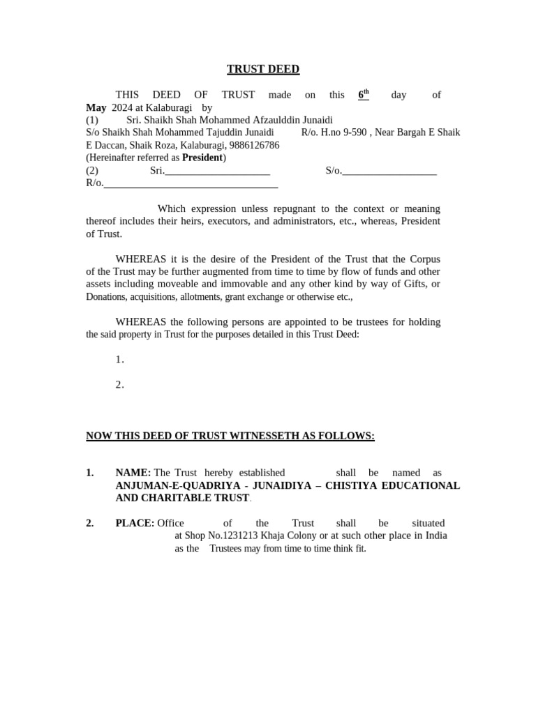 Trust Deed Format | PDF | Expense | Property