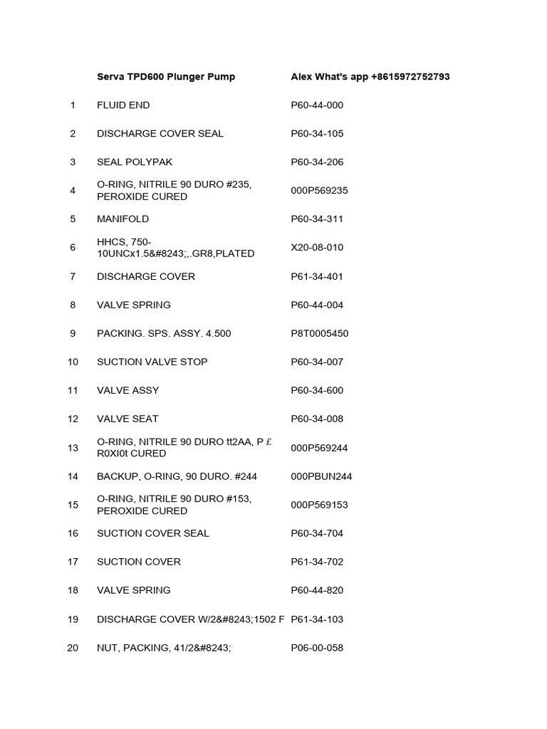 Serva TPD600 Pump Parts | PDF | Home & Garden | Technology & Engineering