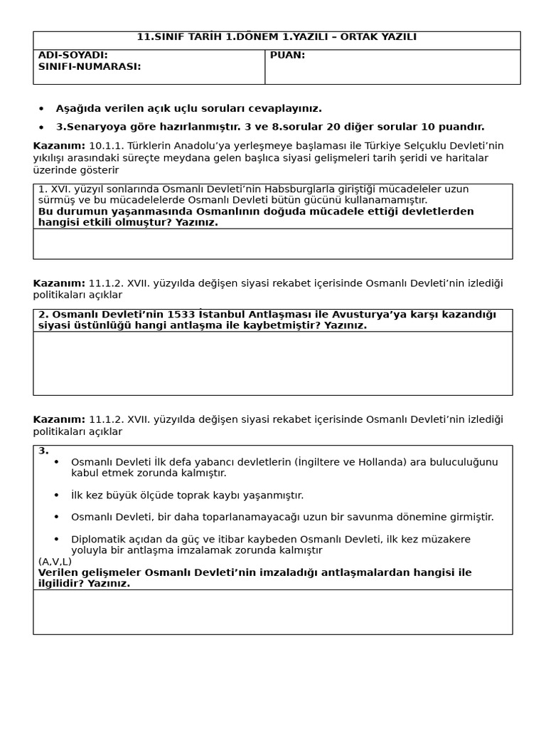 11.sinif Tarih 1.donem 1.yazili 2025 Acik Uclu | PDF
