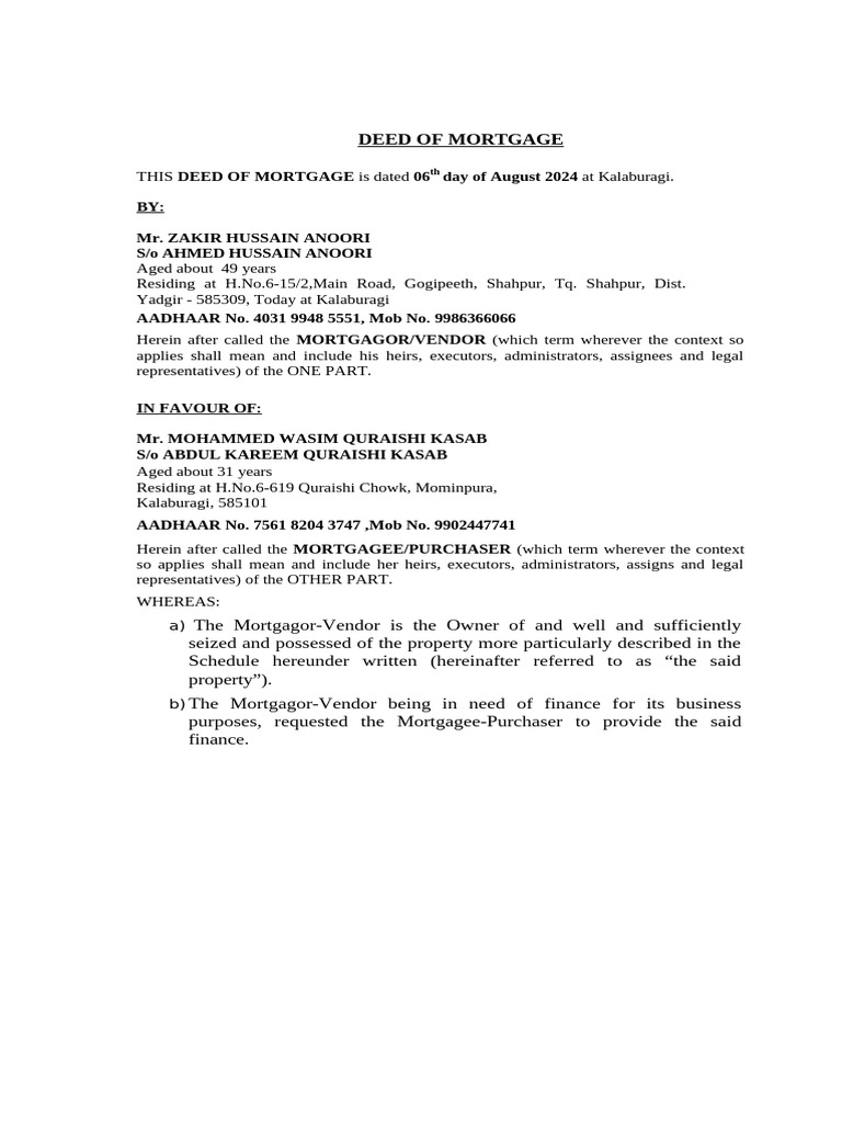 Deed of Mortgage for Property in Kalaburagi | PDF | Mortgage Law | Debt