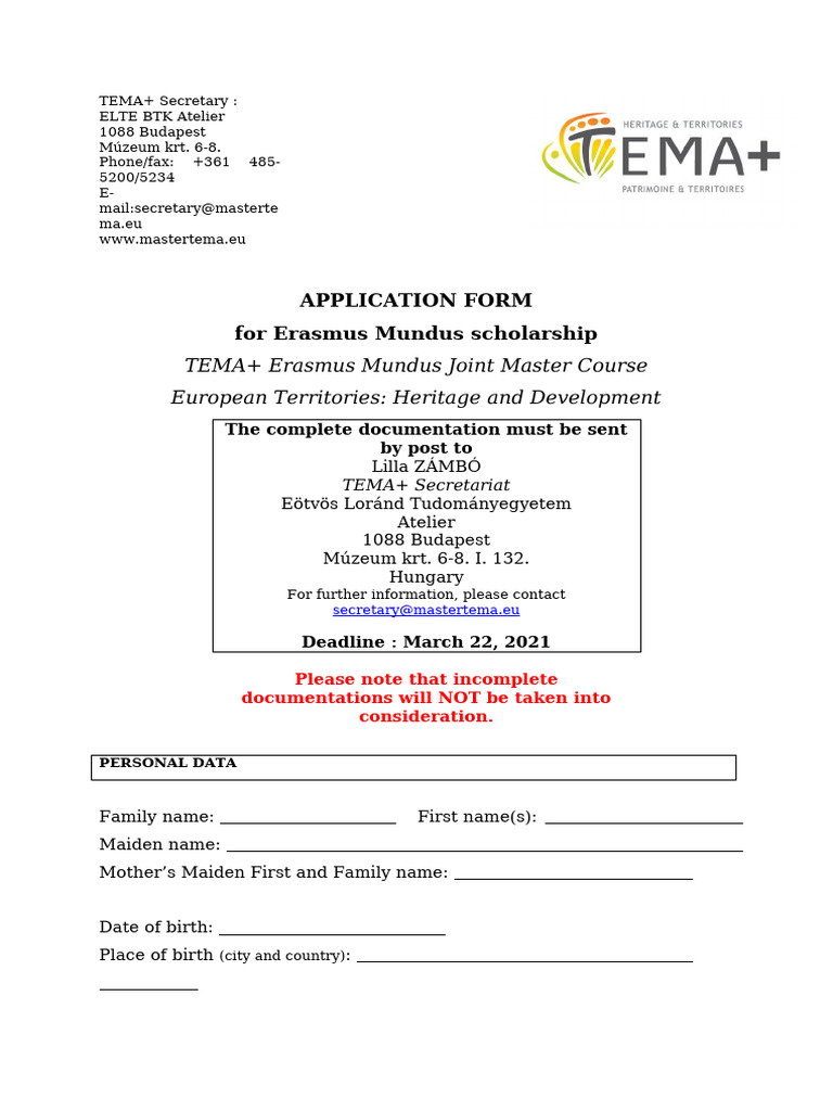 TEMA+ Erasmus Mundus Application Form | PDF | Diploma | Identity Document