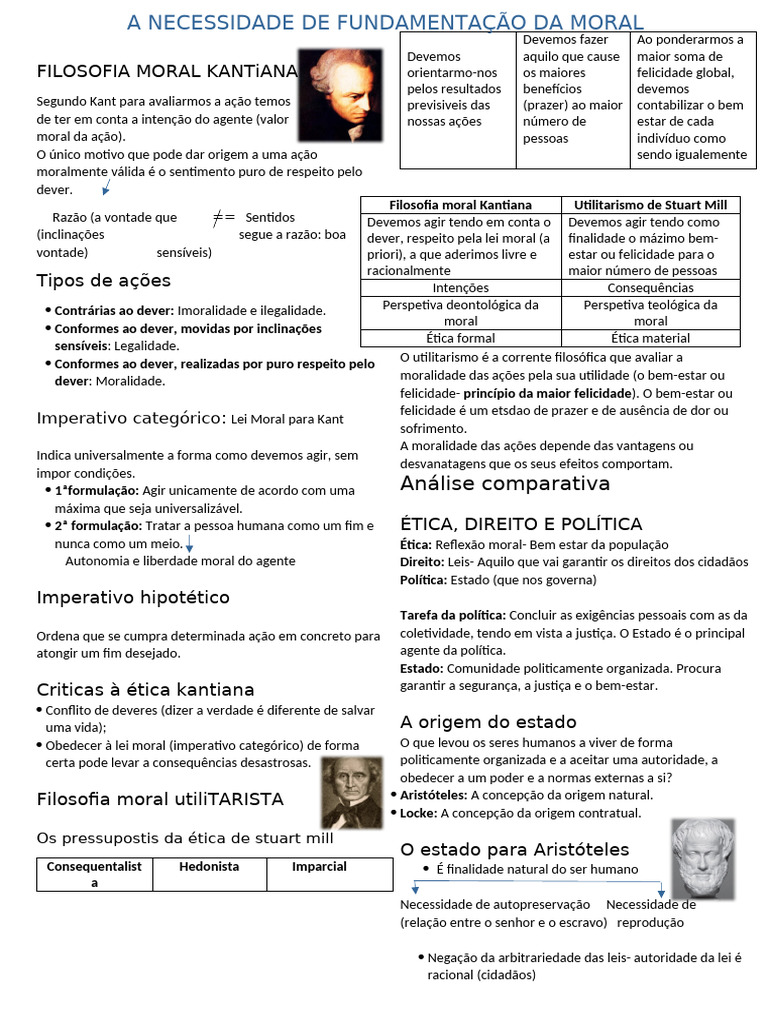 Resumos Sobre Kant Vs Stuart Mill e Aristóteles Vs Locke | PDF | Moralidade | Immanuel Kant