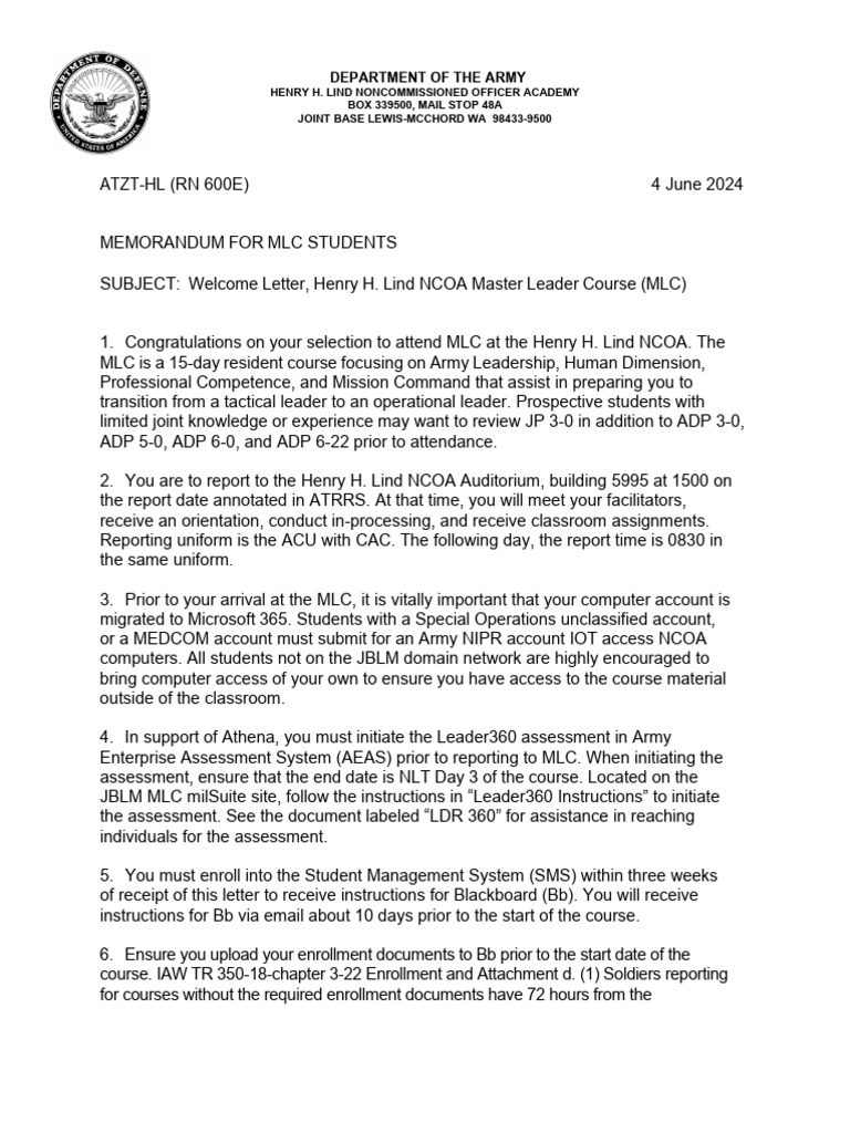 HHL MLC Welcome Letter | PDF | United States Army