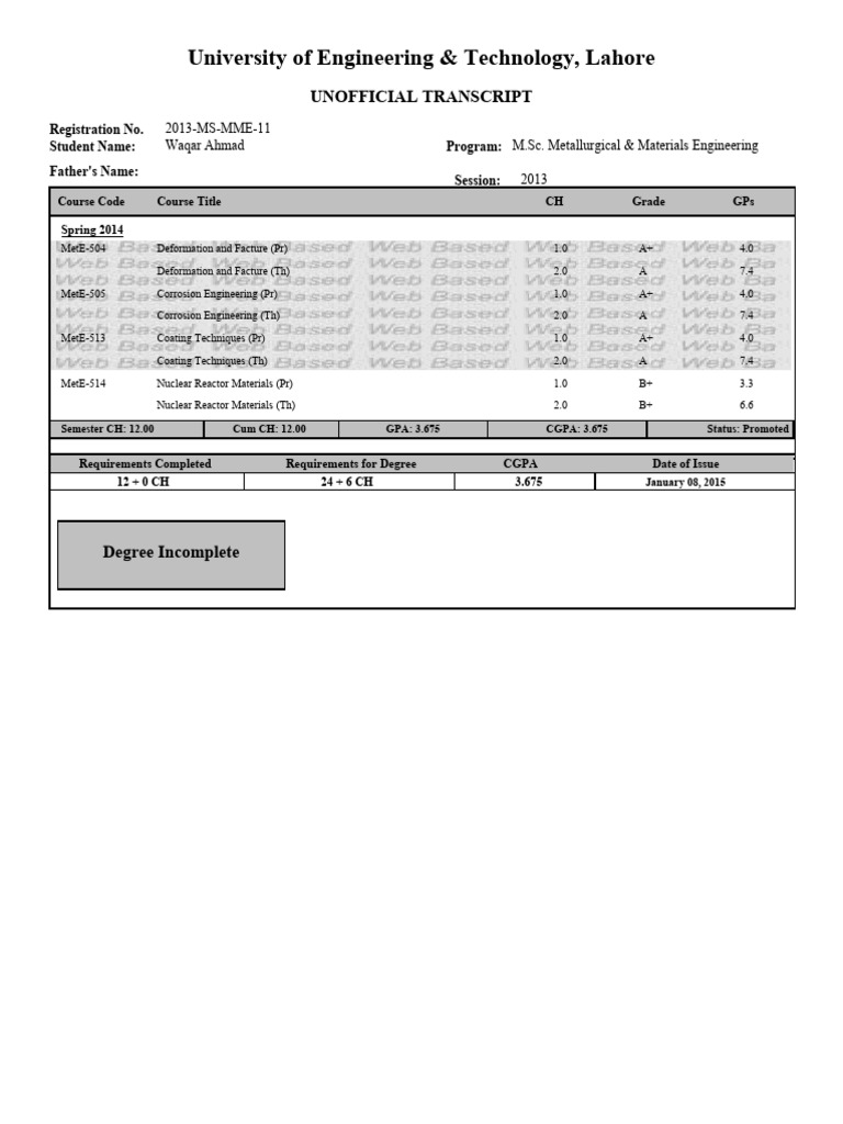 University of Engineering & Technology, Lahore: Unofficial Transcript | PDF