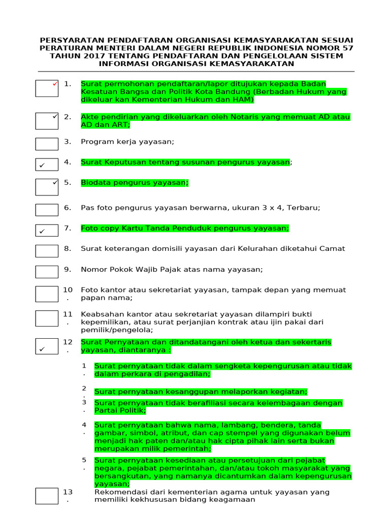 Syarat Pendaftaran Ormas 2017 | PDF