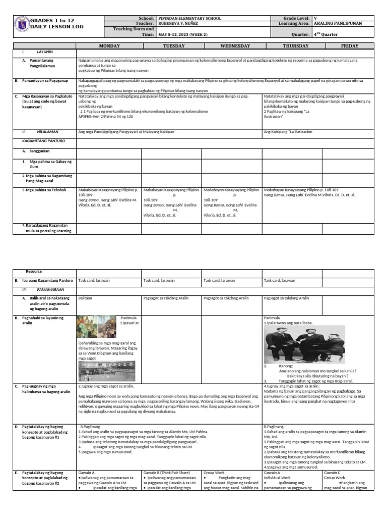 Grade 5 DLL Araling Panlipunan 5 Q4 Week 2 | PDF
