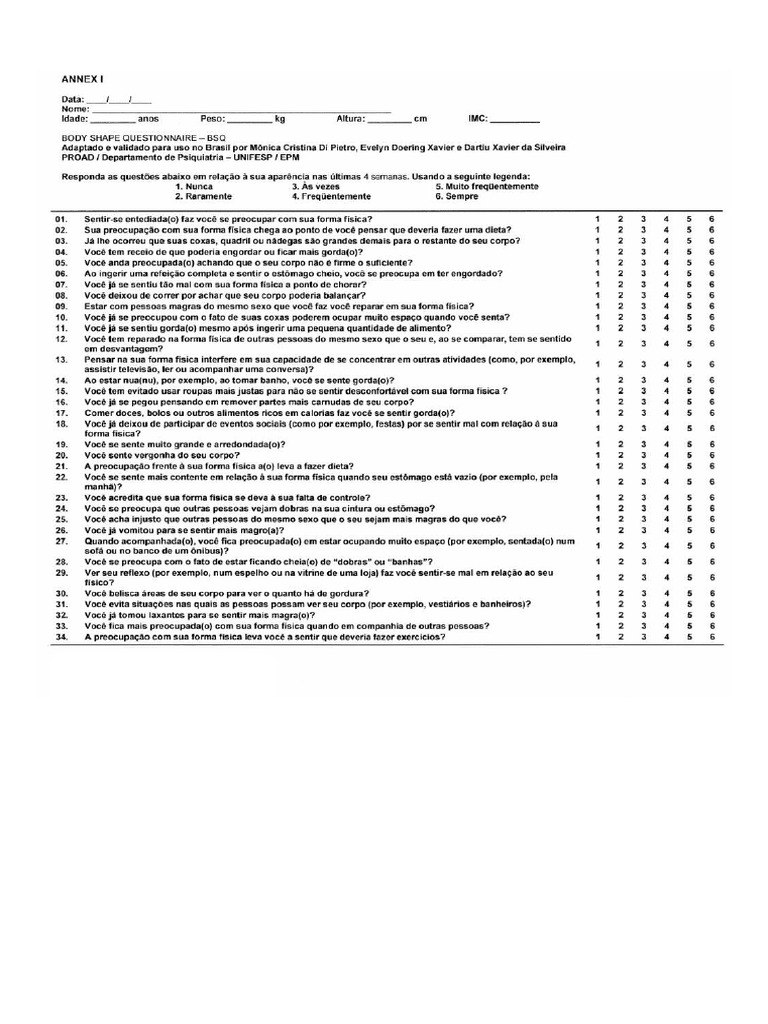 Body Shape Questionnaire - Imagem Corporal - Art Monica Di Pietro | PDF