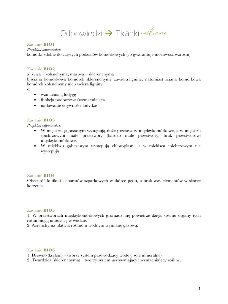 Odpowiedzi Tkanki Roslinne | PDF