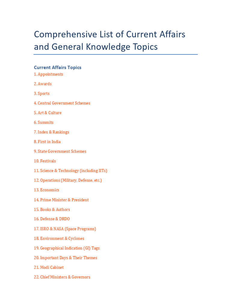 Current Affairs & GK Topics List | PDF