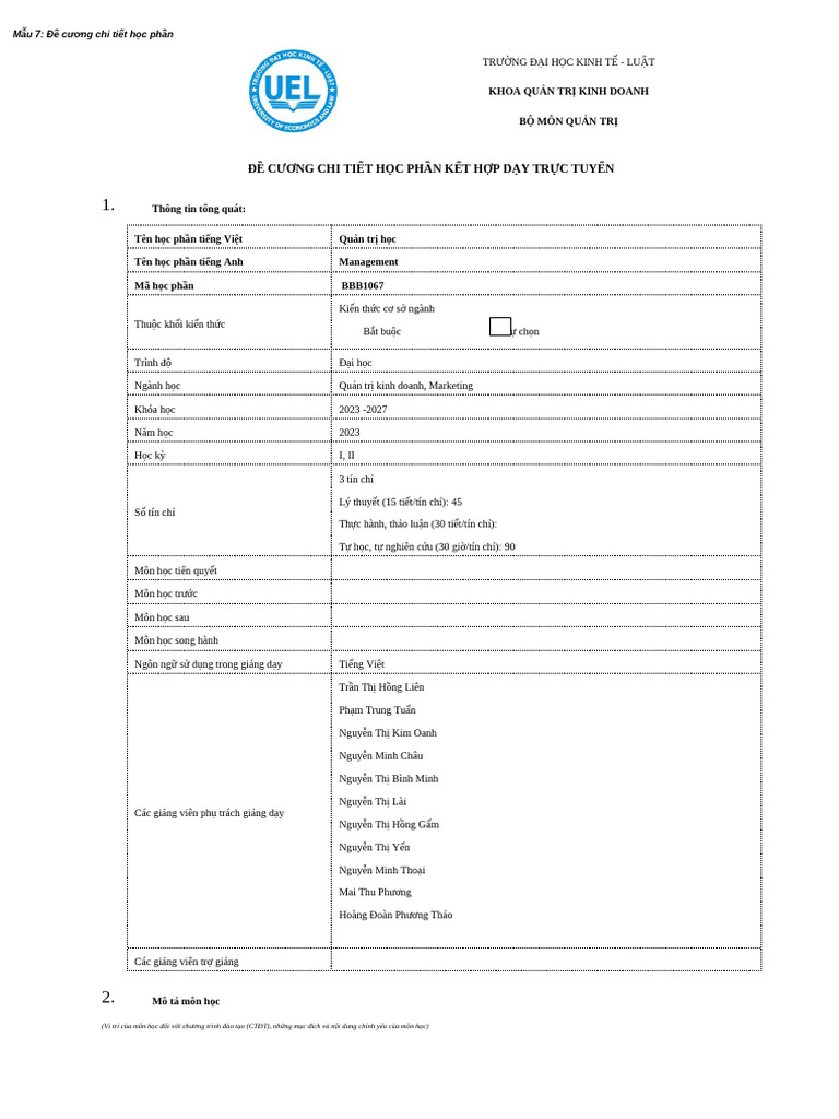 MOOC UEL - 2024 - BBB1067 - Quản trị học - Đề cương chi tiết | PDF