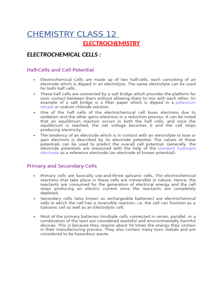 Class 12 Electrochemistry Overview | PDF | Electrochemistry | Electrode