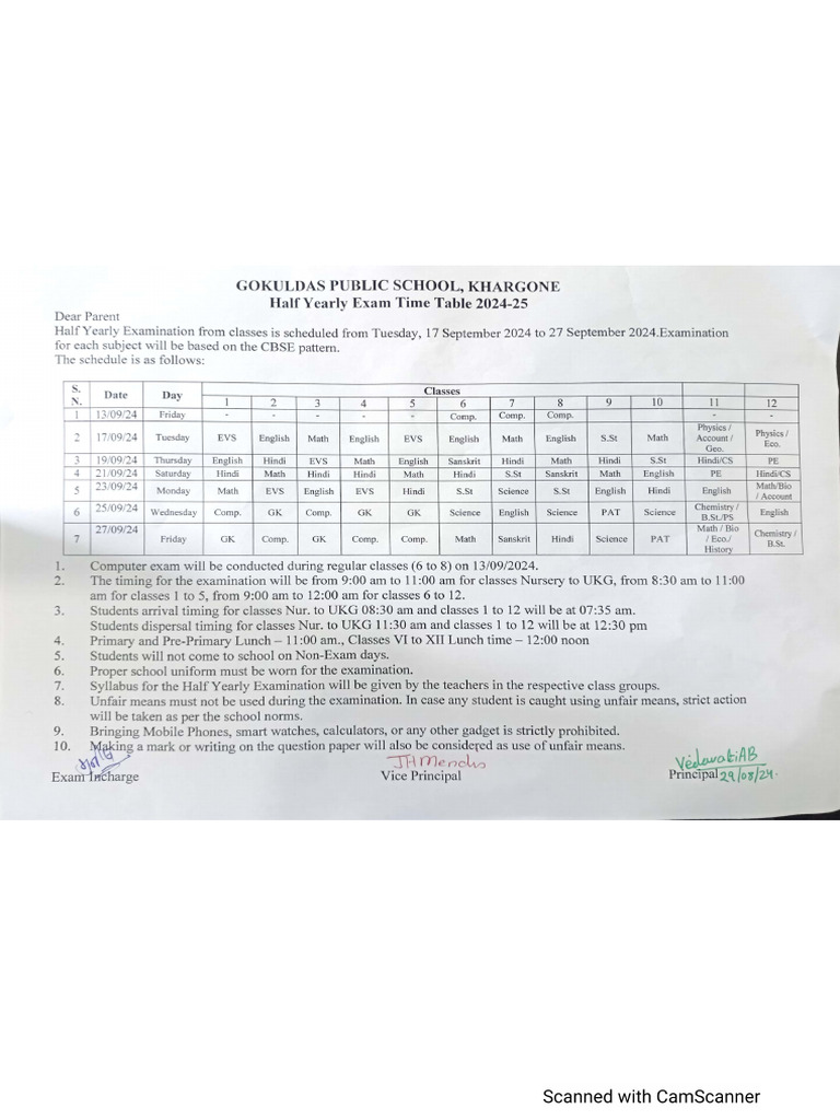 Half Yearly Exam Time Table | PDF