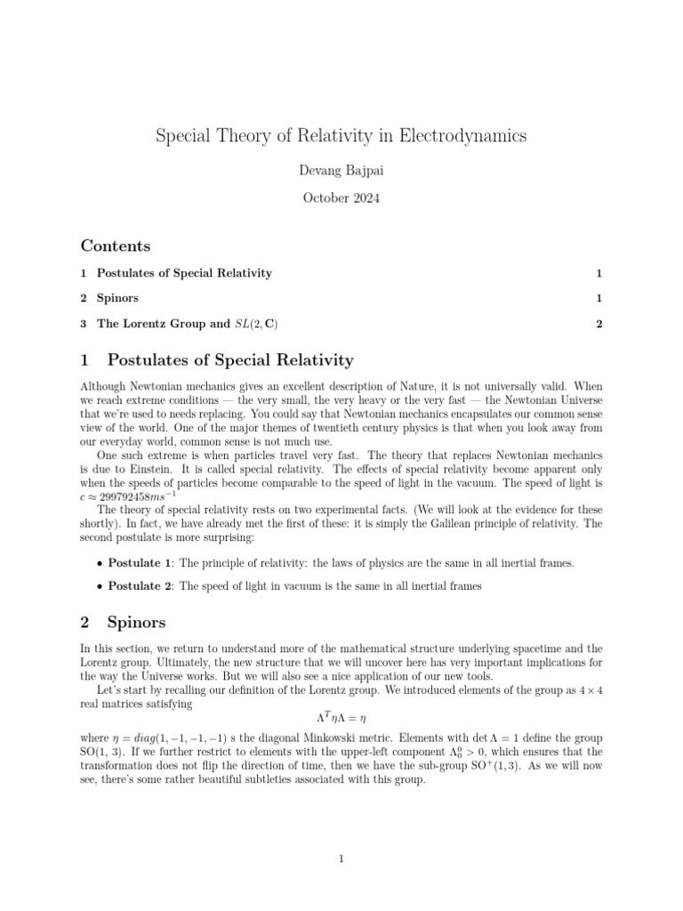 Special Theory of Relativity in Electrodynamics: Devang Bajpai October ...