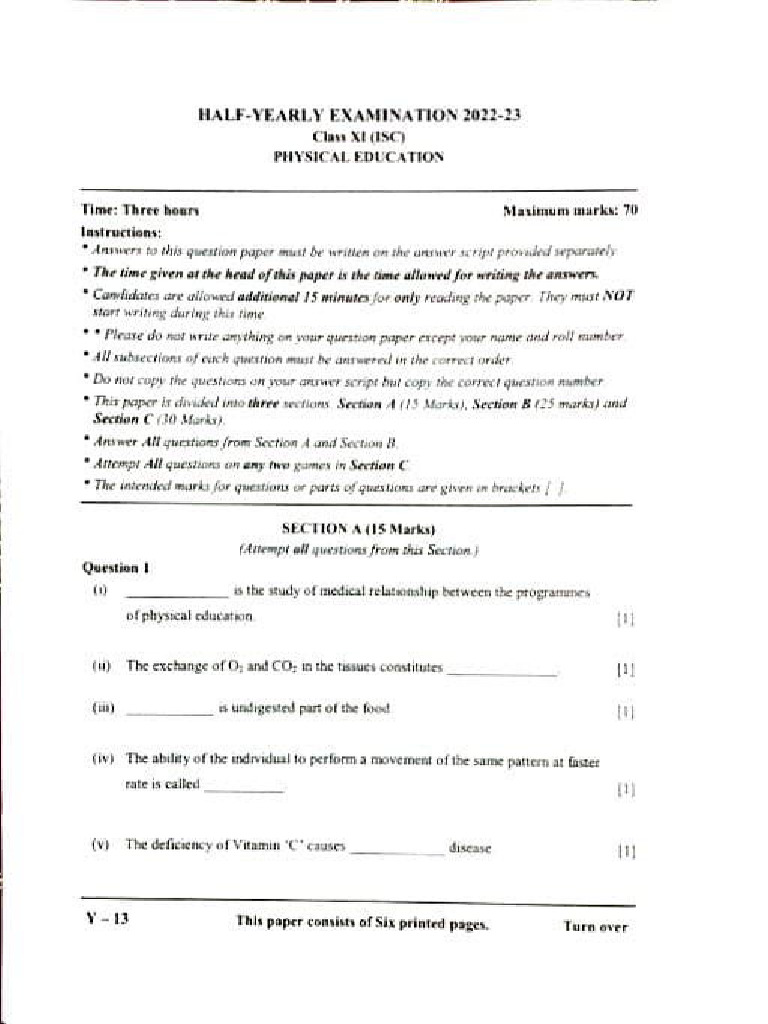 Class XI Half Yearly Question Paper | PDF