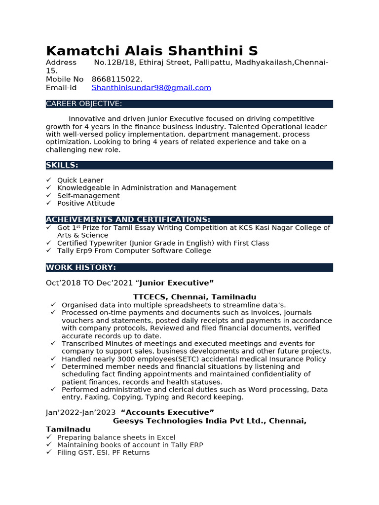 Junior Finance Executive Resume | PDF | Business | Finance & Money ...