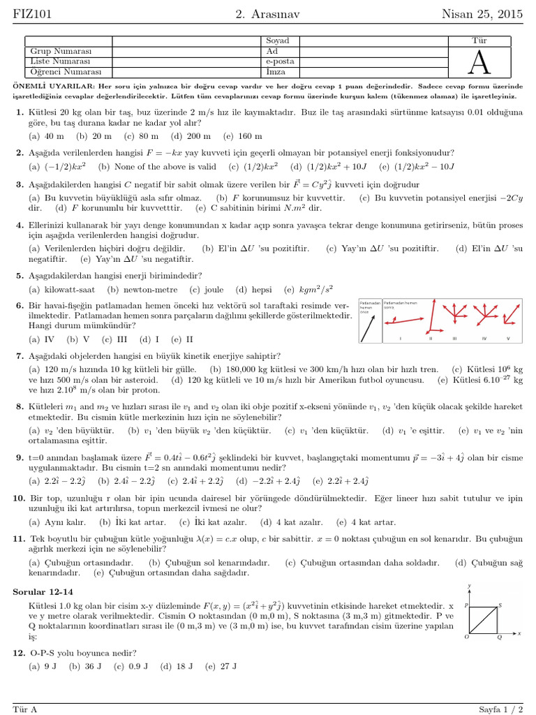 2014-2015B Fiz101 2v | PDF