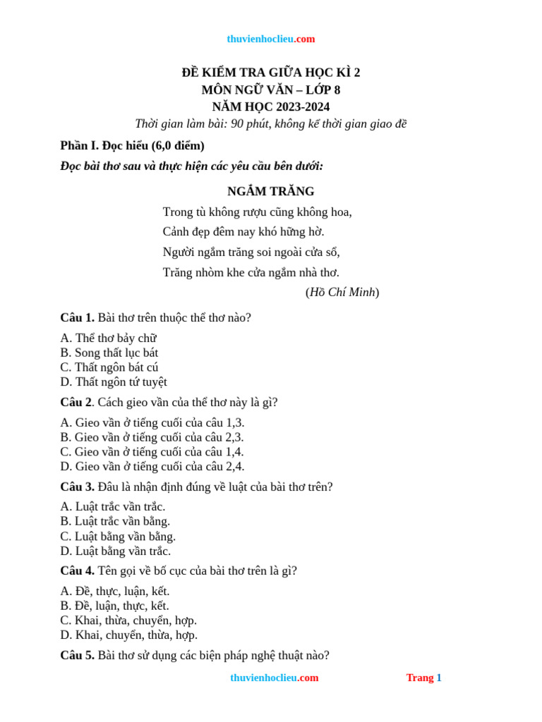 De Thi Giua HK2 Van 8 KNTT 23 24 | PDF