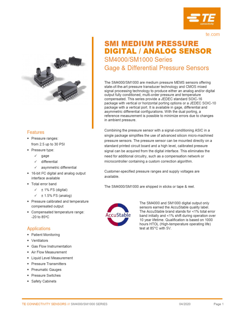 TE Connectivity SMI Pressure Sensor SM4000 SM1000 Series en Datasheet ...