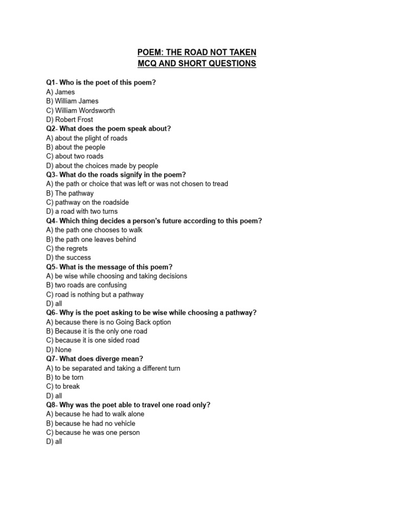 "The Road Not Taken: MCQs & Analysis" | PDF | Poems | Poetry