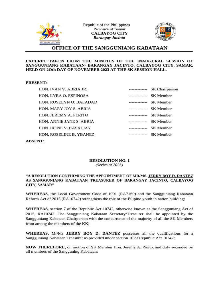 RESO 1 Series 2023-SK TREASURER APPOINTMENT | PDF