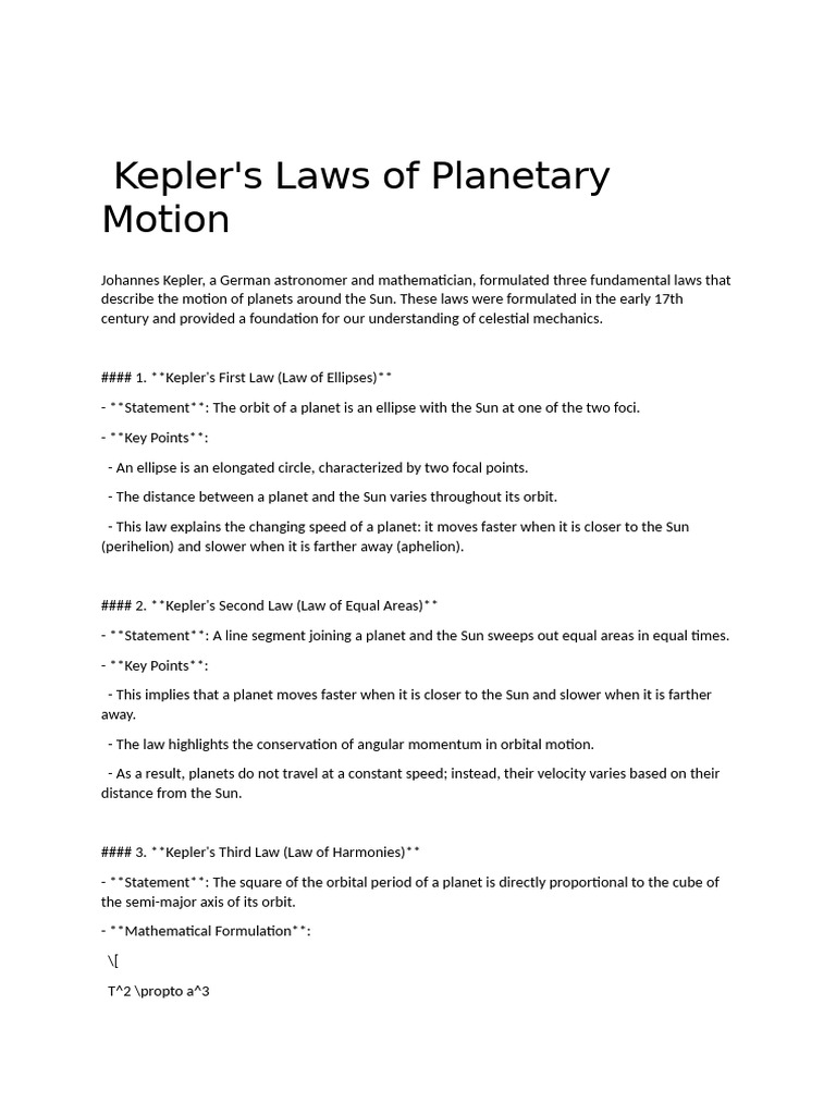 Kepler's Kaw of Planetary Motion | PDF | Orbit | Johannes Kepler