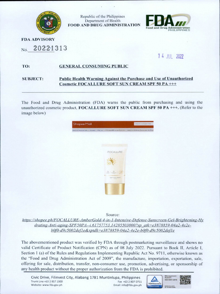 FDA Advisory No.2022 1313 | PDF