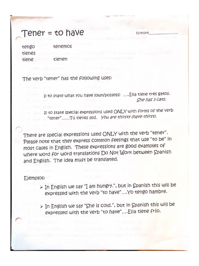 Tener Expressions List and Worksheets | PDF