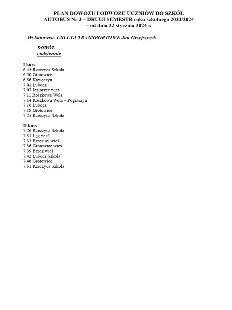 DRUGI SEMESTR - Dow Z Uczni W Do SZK - Autobus NR 2 Od 22 Stycznia 2024 R 2 | PDF