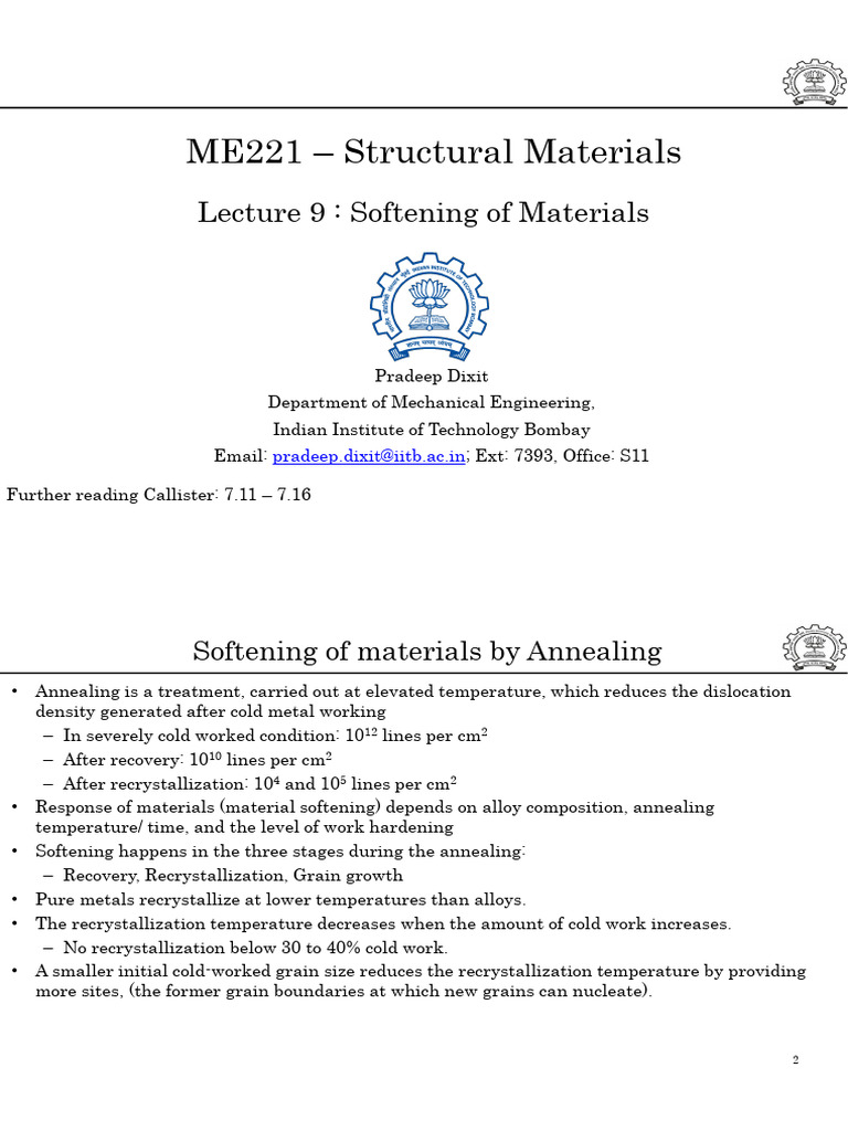 ME221 - Lecture 9 - Softening of Materials | PDF | Crystallite | Dislocation