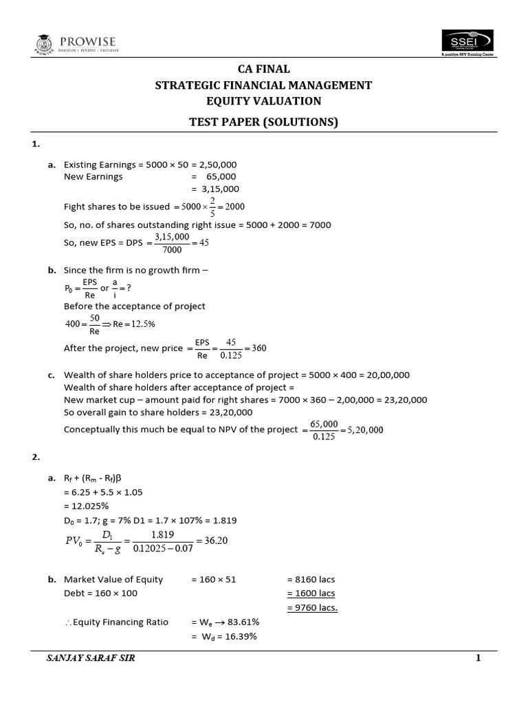 CA FINAL SFM EQUITY TEST PAPER SOLUTION | PDF | Equity (Finance) | Free ...