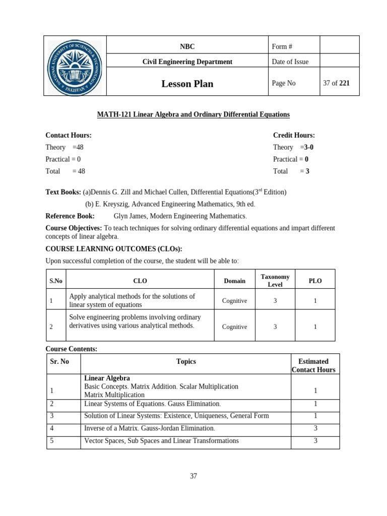 Linear Algebra Course Outline | PDF | Ordinary Differential Equation ...