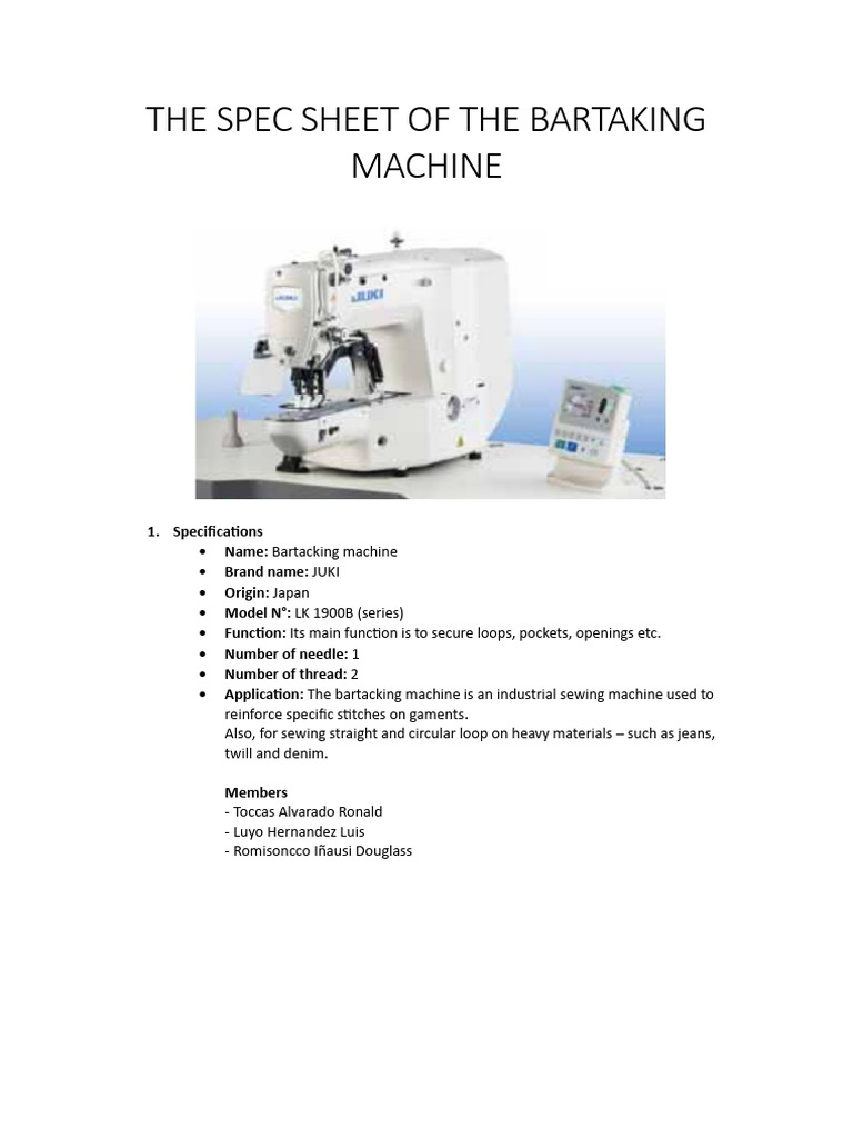 The Spect Sheet of The Bartacking Machine | PDF | Home & Garden | Technology & Engineering